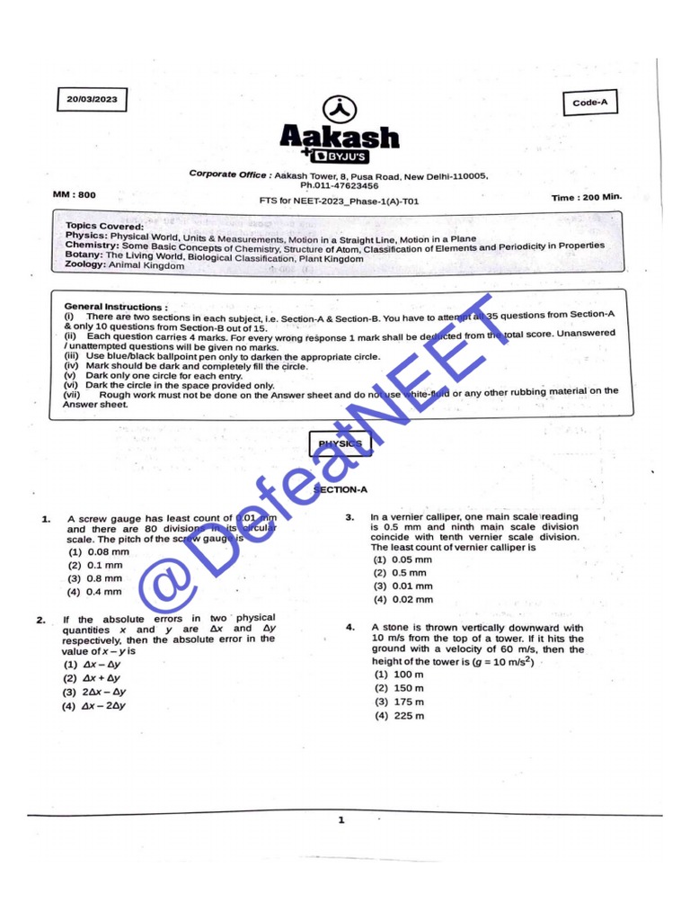1 FTS-01 [Code-A] @Aakash Test Papers 2023 | PDF