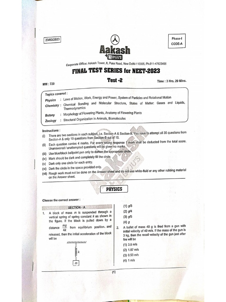3 FTS-02 [Code-A] @Aakash Test Papers 2023 | PDF