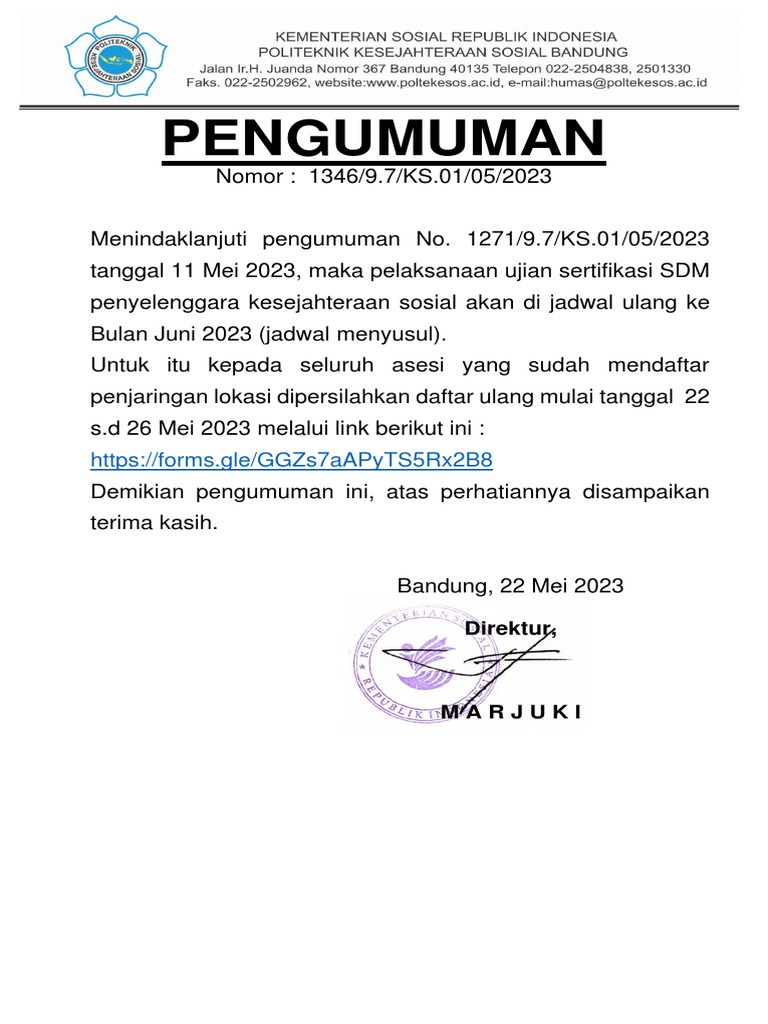 Pengumuman Link Daftar Ulang Dan Reschedule | PDF