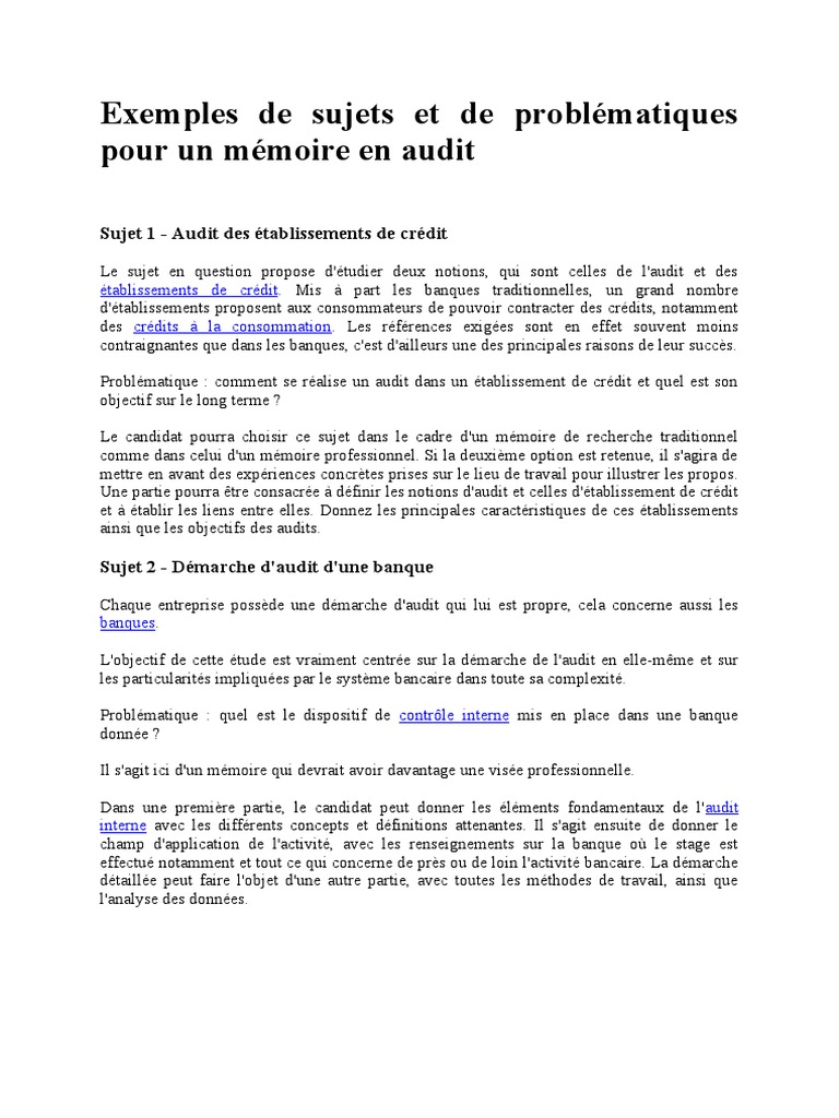 Exemples de sujets et de problématiques pour un mémoire en audit | PDF