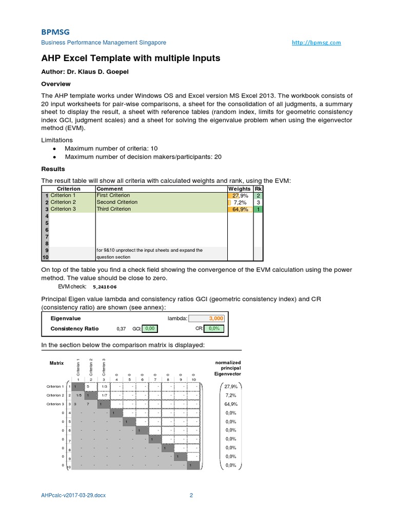AHP Excel Template for Decision Making | PDF