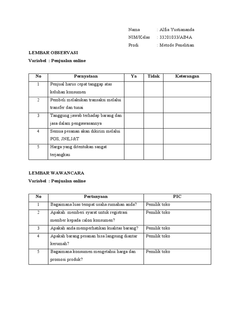 LEMBAR OBSERVASI & WAWANCARA_ALFIA YUSTIANANDA | PDF