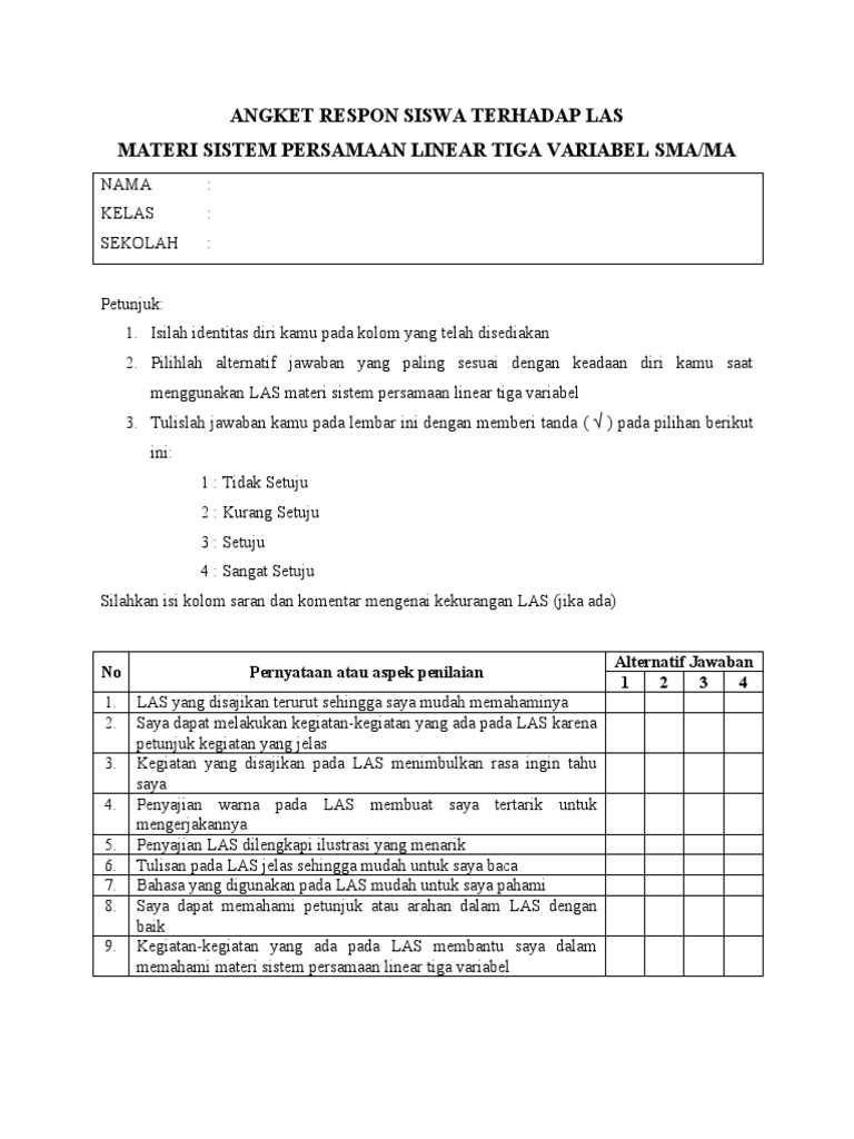 Angket Siswa: Sistem Persamaan Linear | PDF | Metode & Bahan Ajar