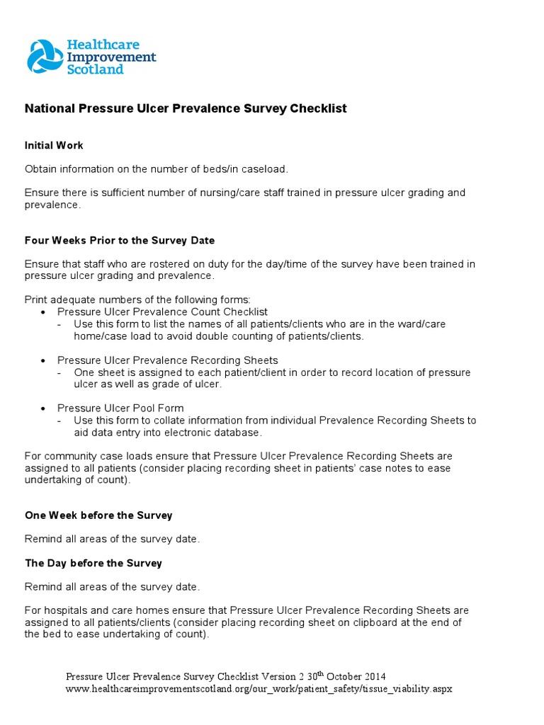 Pressure Ulcer Prevalence Survey Checklist | PDF