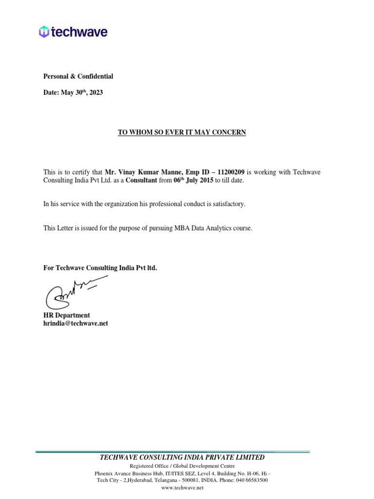 Vinay Kumar Manne - Exp Letter | PDF | Business