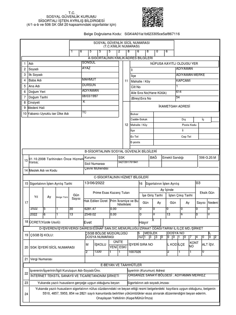 T.C. Sosyal Güvenlik Kurumu Sigortali İşten Ayriliş Bildirgesi (4/1-A-B Ve 506 SK GM 20 ...