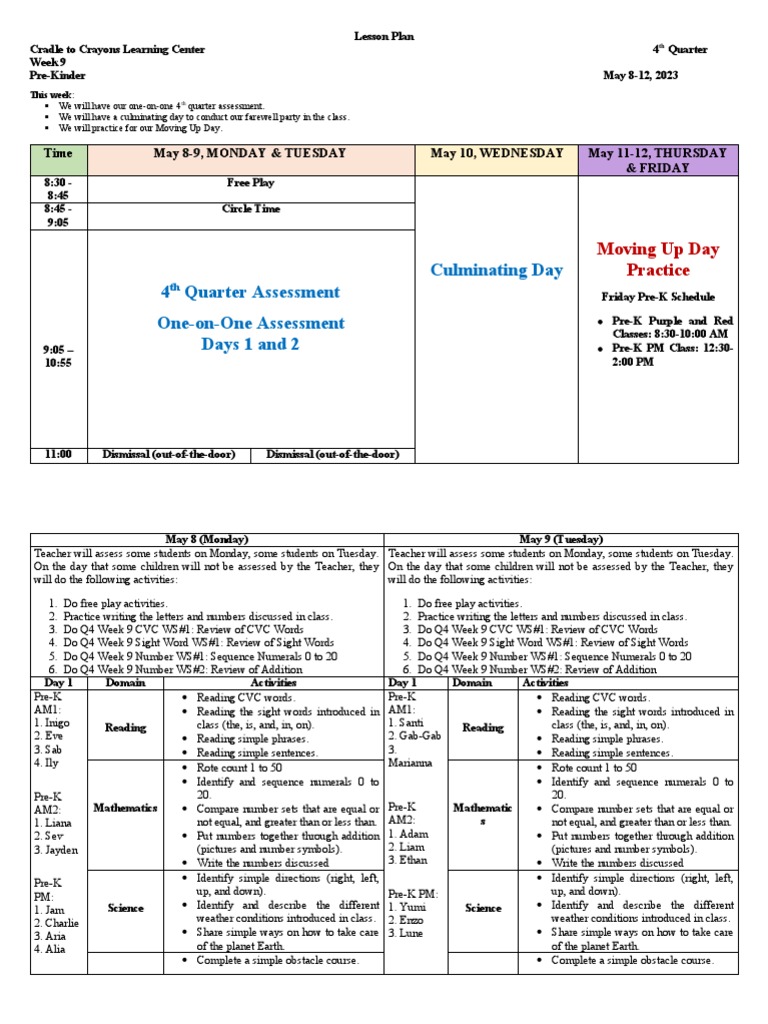 Pre-K Q4 W9 Lesson Plan | PDF | Behavior Modification | Learning Pre-K Q4 W9 Lesson Plan | PDF | Behavior Modification | Learning