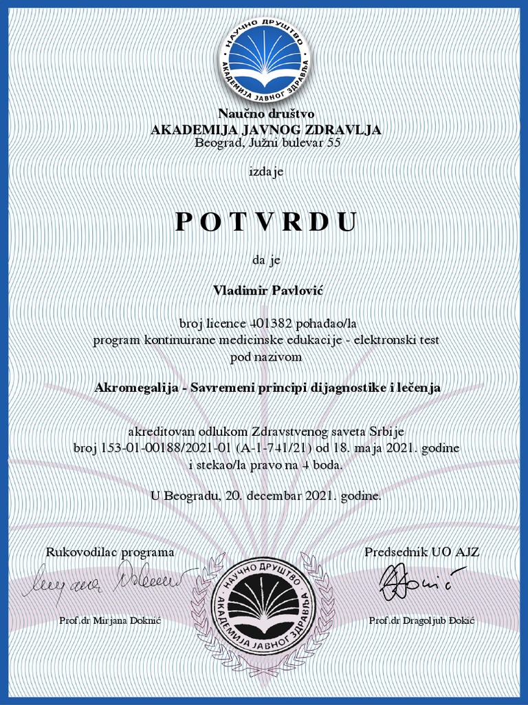 Akromegalija Savremeni Principi Dijagnostike I Lečenja-Sertifikat ...