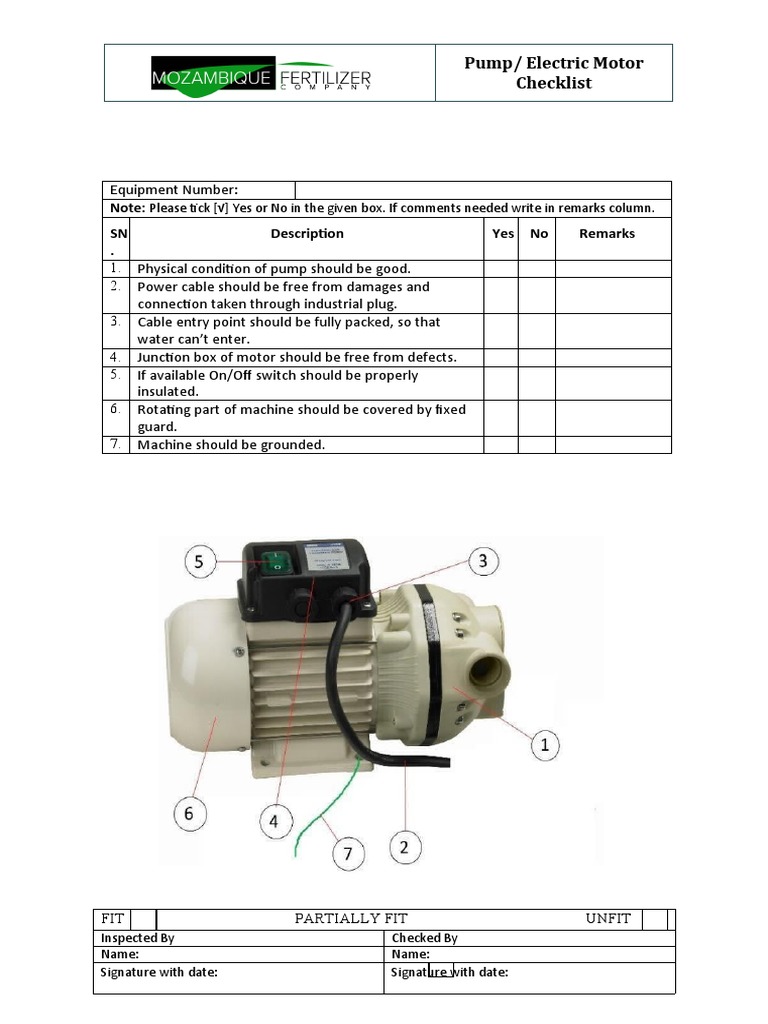 Checklist For Equipment Inspection Electrical Pump Motor | PDF
