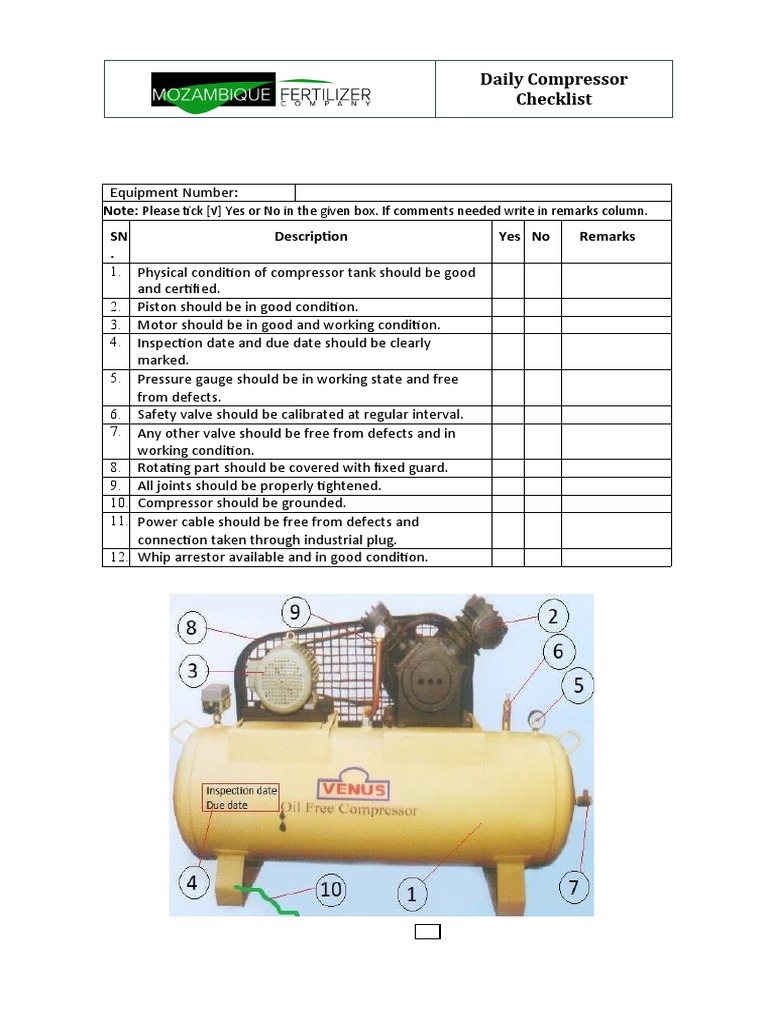 Checklist For Equipment Inspection Air Compressor | PDF