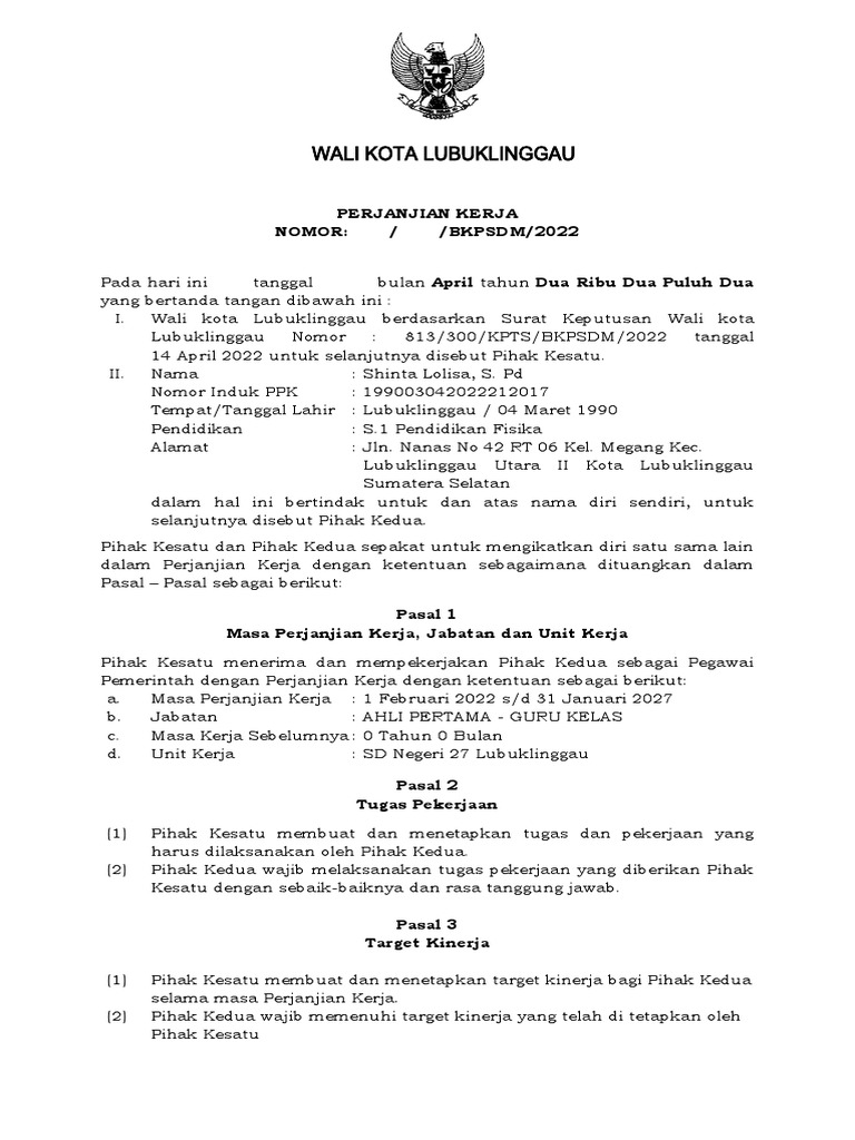 Draft PERJANJIAN KERJA P3K Tahap 1 (SHINTA) | PDF