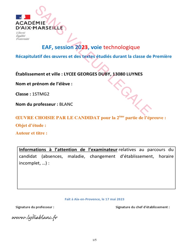 Récapitulatif EAF 1STMG2 DRAFT | PDF
