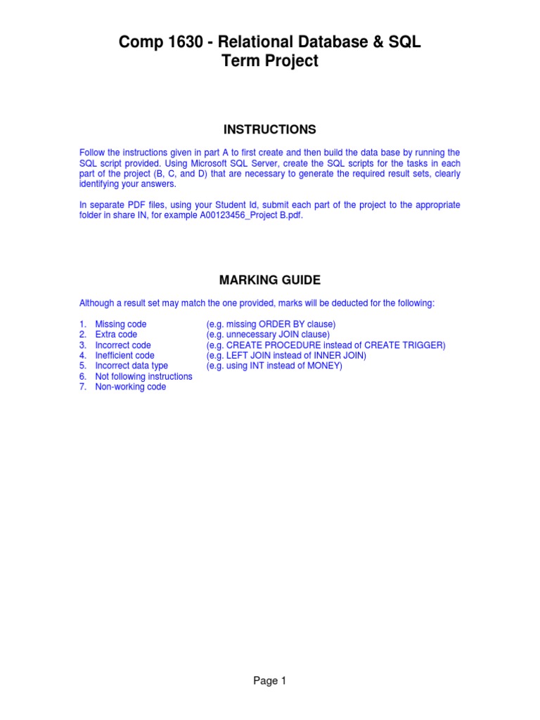 Comp 1630 - Relational Database & SQL Term Project: Instructions | PDF