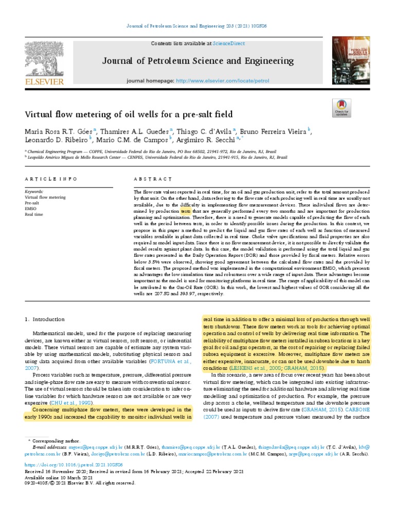 Virtual Flow Metering Of Oil Wells For A Pre Salt Field Pdf Flow