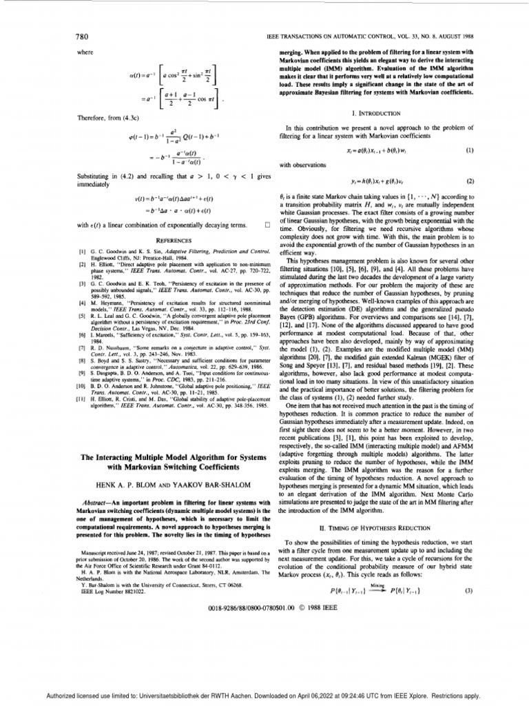 The Interacting Multiple Model Algorithm For Systems With Markovian Switching Coefficients | PDF