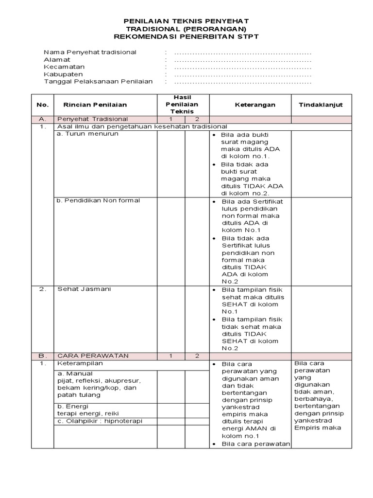 FORM INSTRUMEN PENILAIAN TEKNIS PENYEHAT TRADISIONAL | PDF