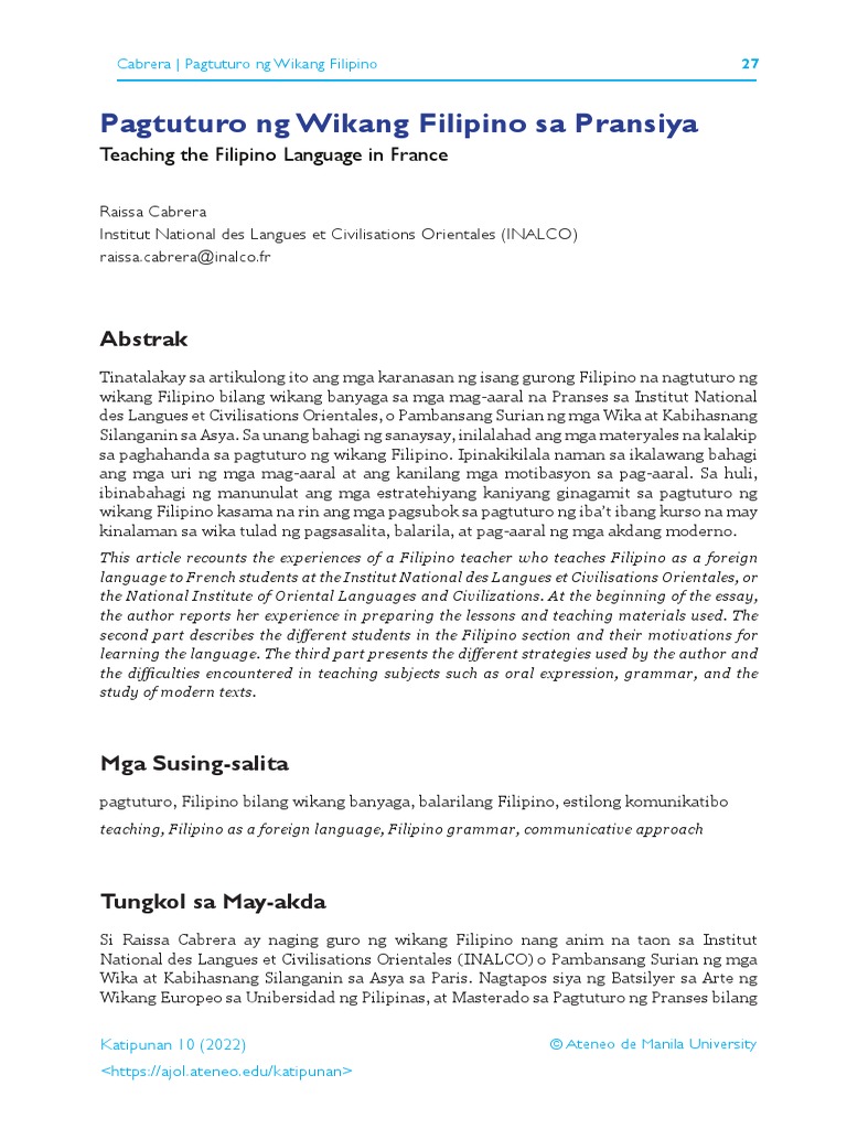 Pagtuturo NG Wikang Filipino Sa Pransiya | PDF
