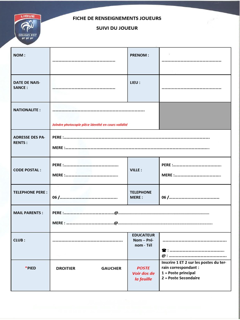 Fiche de Renseignements Joueurs LGEF | PDF