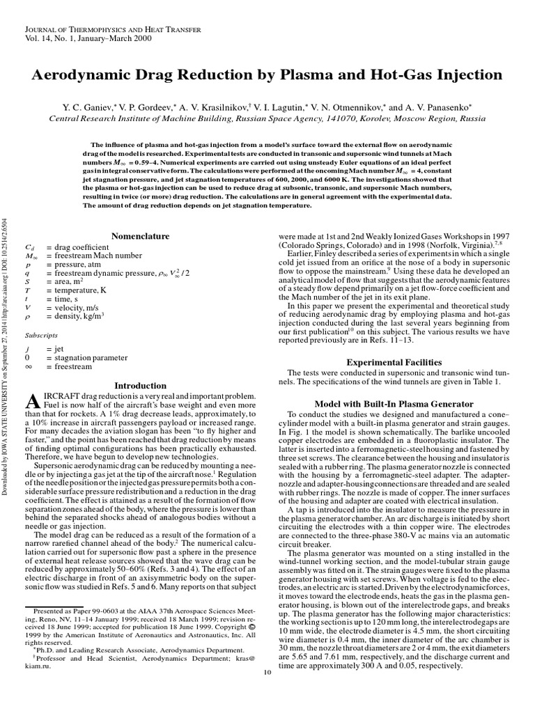 Aerodynamic Drag Reduction by Plasma and Hot-Gas Injection | PDF | Mach ...