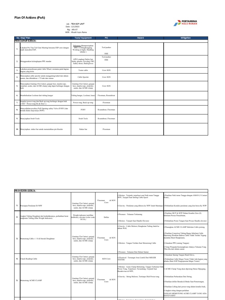 POA and Risk Assessment TOH ESP UNIT | PDF