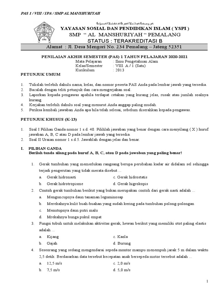 SOAL PAS IPA Kelas 8A | PDF