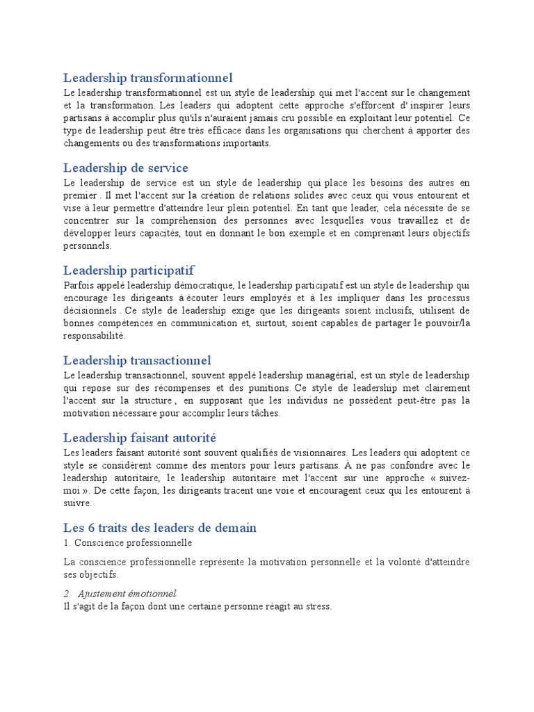 Styles de leadership transformationnel | PDF | Direction | Motivation