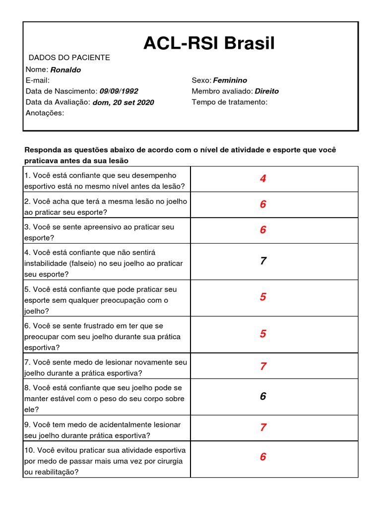 Avaliação ACL-RSI Brasil | PDF | Esportes e Recreação | Bem-estar