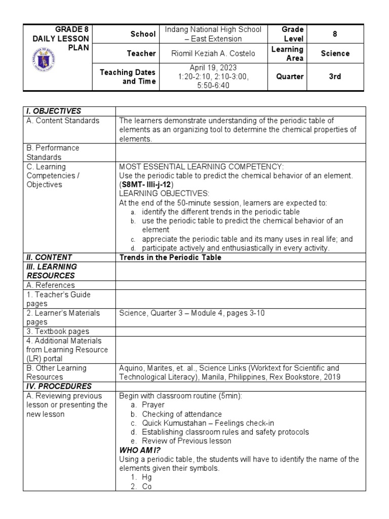 Grade 8 Science - Q3 - Trends in The Periodic Table | PDF | Atomic ...