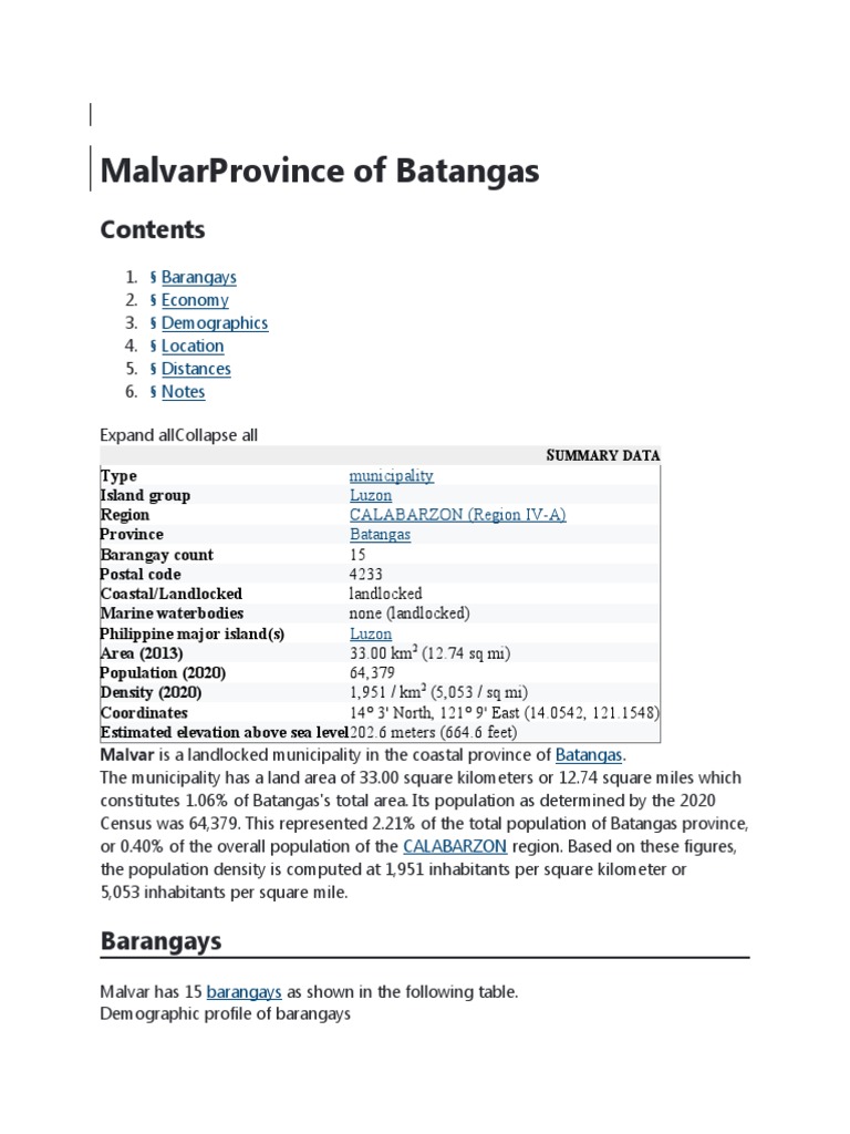 MalvarProvince of Batangas | PDF