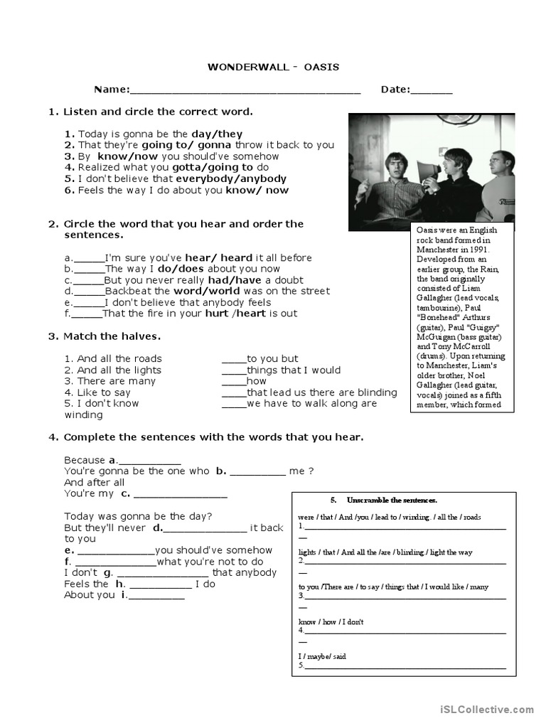 Wonderwall - Oasis Worksheet | PDF