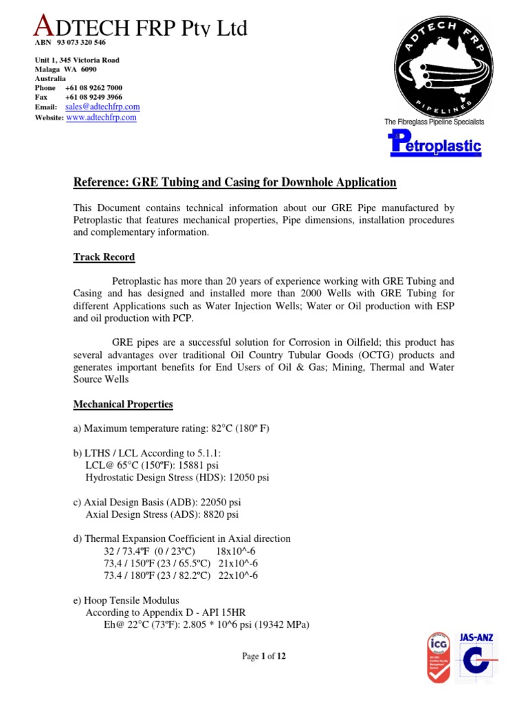 ADTECH Petroplastic Technical Downhole Information | PDF | Pipe (Fluid Conveyance) | Casing ...