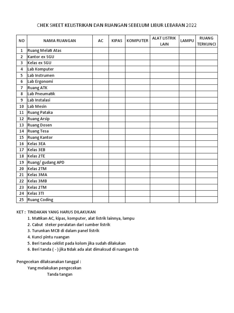 Cek Sheet Listrik & Kunci Pintu Ruang | PDF