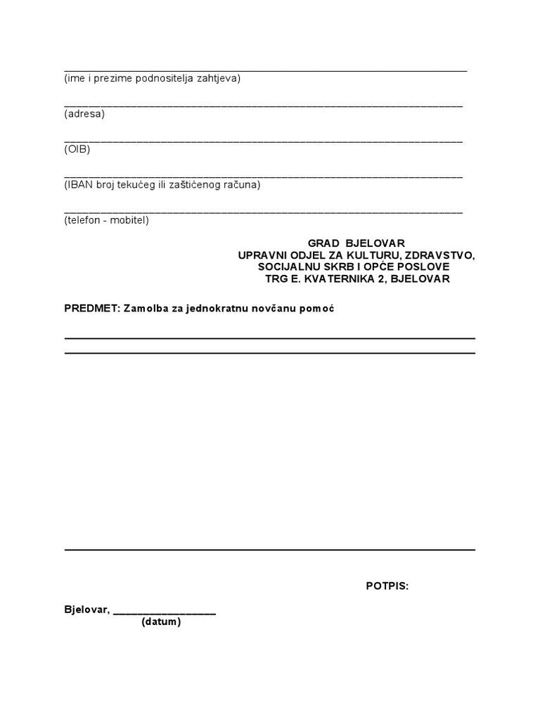 Zamolba Za Jednokratnu Novcanu Pomoc Obrazac | PDF