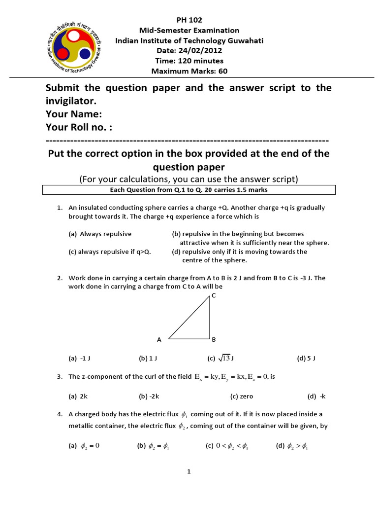 Mid-Semester Examination-PHY | PDF | Sphere | Electromagnetism
