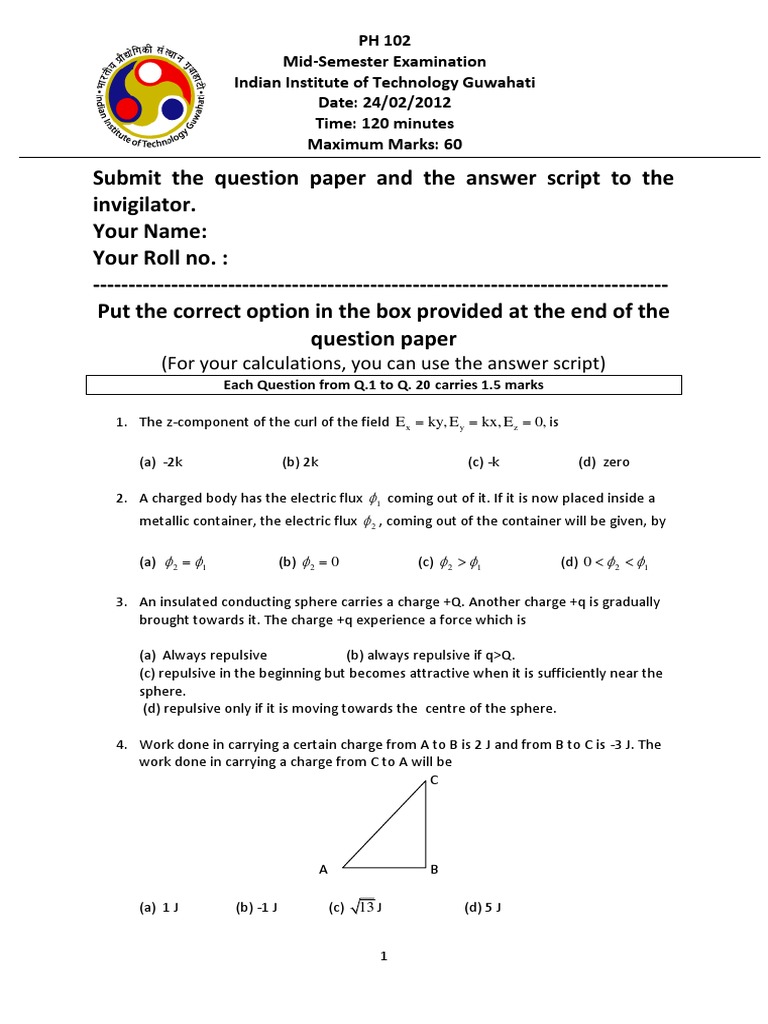 Mid Semester Examination PH 102 | Download Free PDF | Physics | Physical Sciences