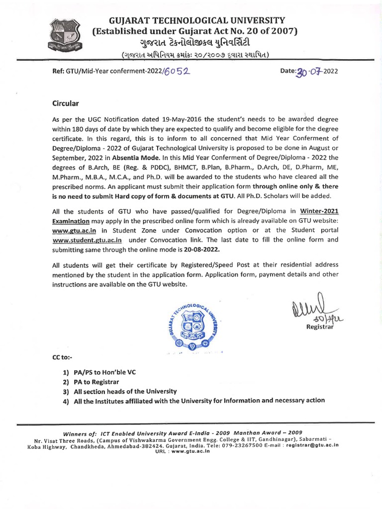 Circular For Mid-Year Conferment of Degree Diploma-2022 - 763863 | PDF