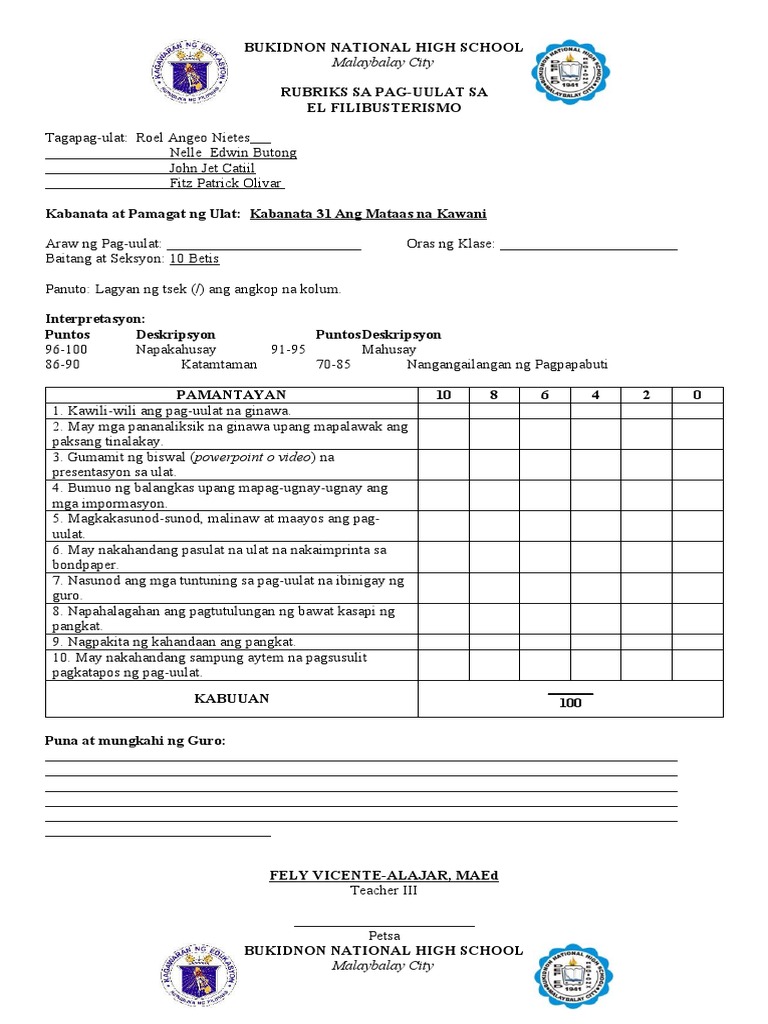 Rubriks Sa Pag Uulat | PDF