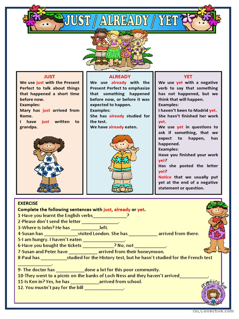 Present Perfect: Just, Already, Yet Exercise | PDF