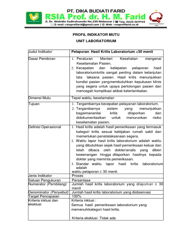 Profil Indikator Mutu Lab | PDF