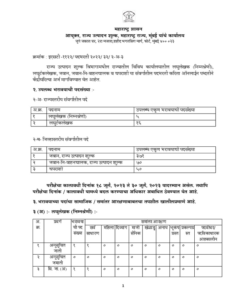 Maharashtra Excise Department Recruitment Notification 2023 | PDF