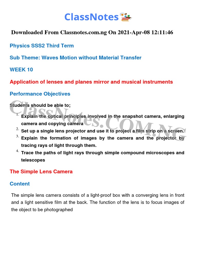 ClassNotes 94 862 Application of Lenses and Planes Mirror and Musical ...