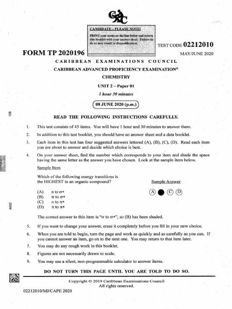 CAPE Chemistry 2020 U2 P1 Ans | PDF