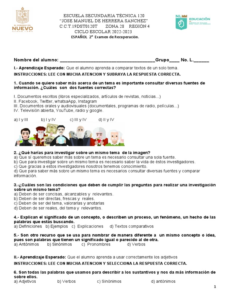 Examen de Recuperación 2do Español | PDF | Adjetivo | Aprendizaje