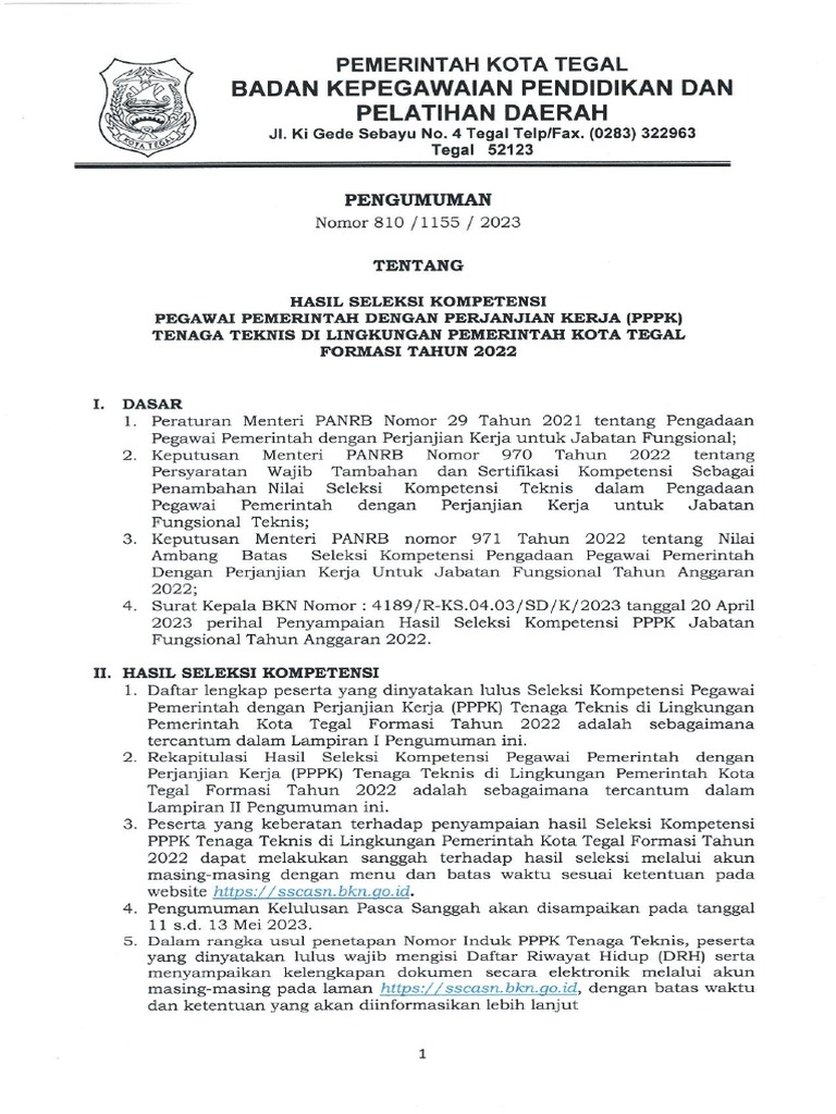 Pengumuman Hasil Selkom PPPK Teknis 2022 - Pra Sanggah | PDF