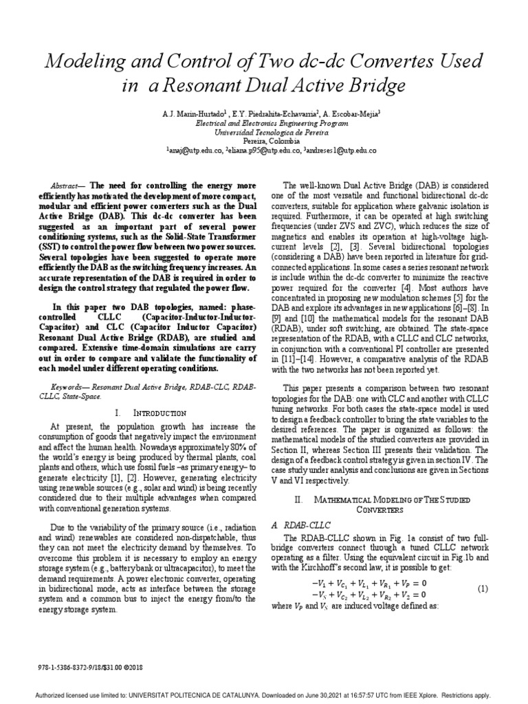 Modeling and Control of Two DC-DC Convertes Used in A Resonant Dual ...