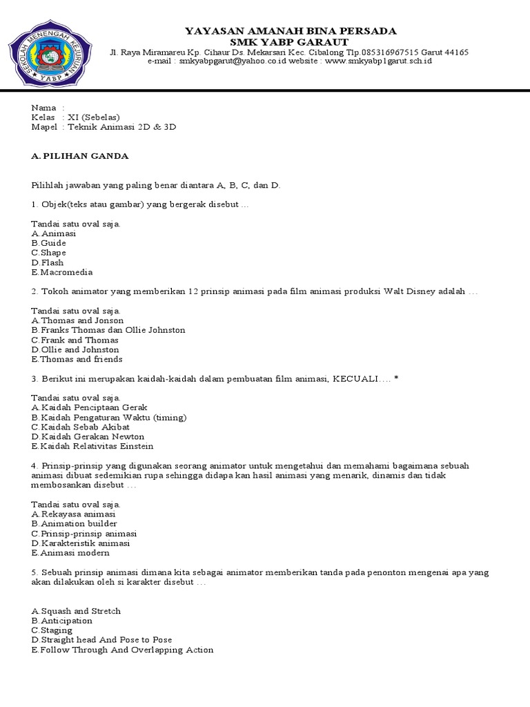 Soal Teknik Animasi 2D & 3D XI MM | PDF