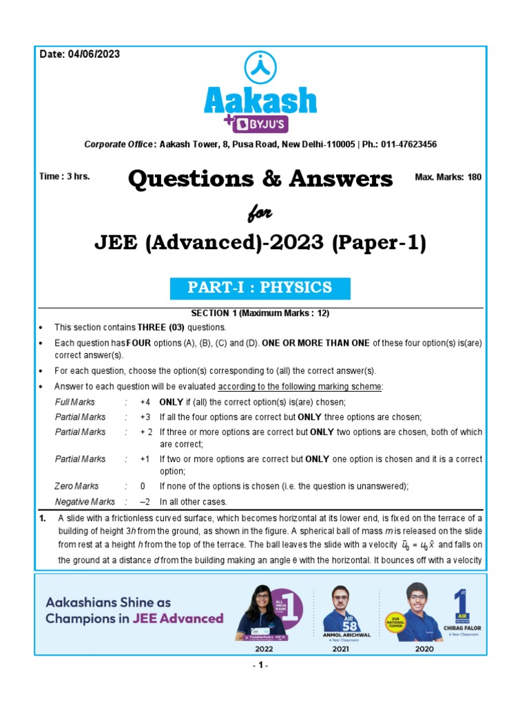 JEE ADV 2023 Aakaash Byjus PI Key | PDF
