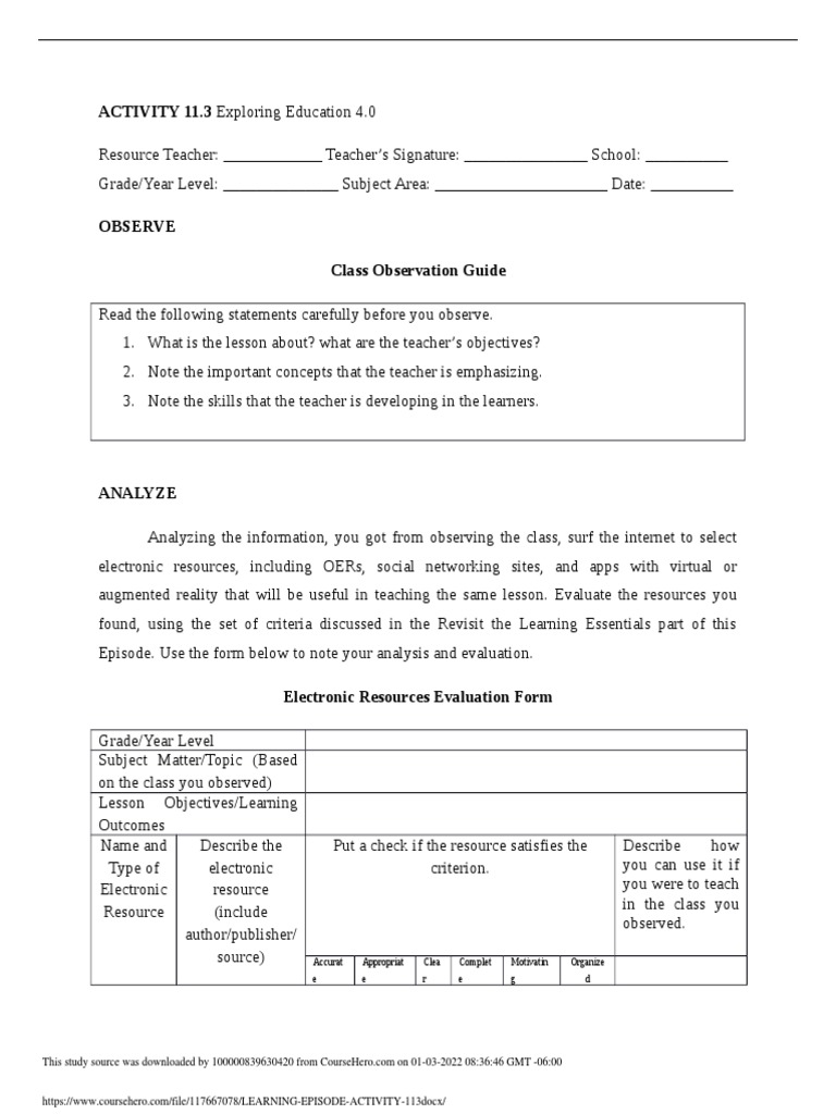 Learning Episode Activity | PDF Learning Episode Activity | PDF