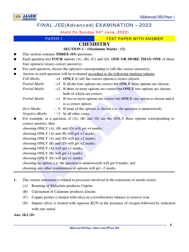 JEE ADV 2023 Paper-1-With-Answer-Chemistry | PDF