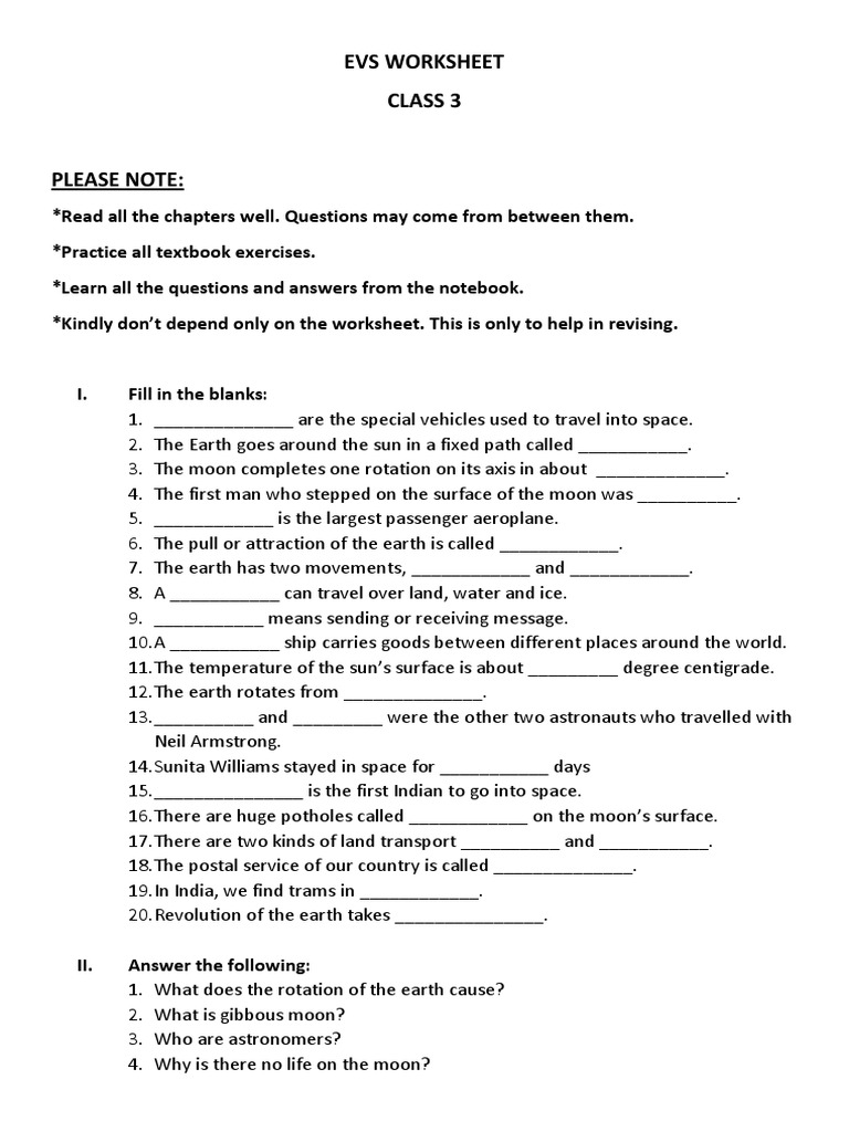 Evs Worksheet | PDF | Moon | Transport